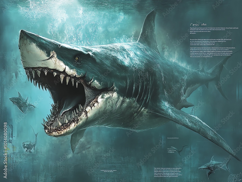 Dynamic illustration of a prehistoric Megalodon shark in the ocean ...