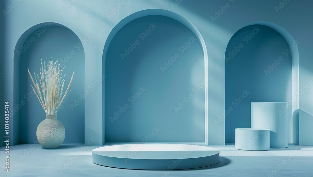 Minimalist stage design with three podiums of different heights and ...