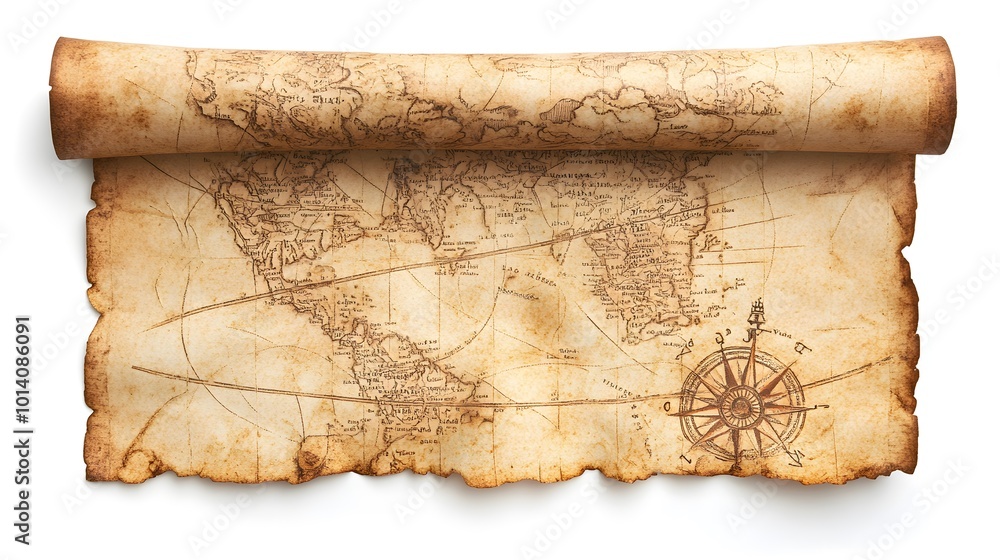 Vintage pirate treasure map rolled out on white background, showcasing ...