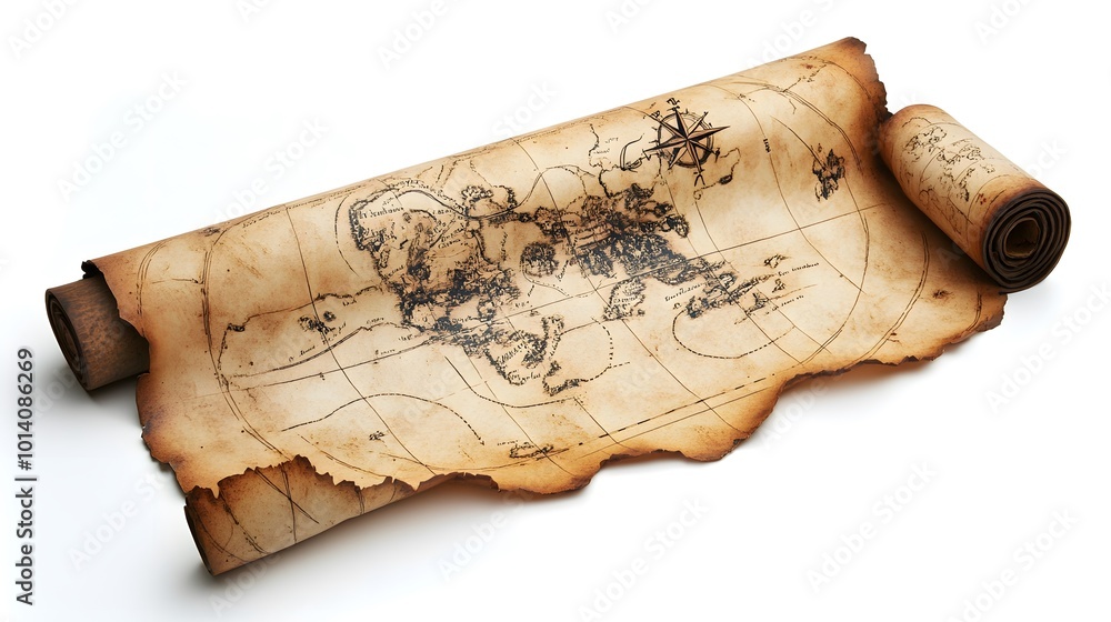 Vintage pirate treasure map rolled out on white background, showcasing ...