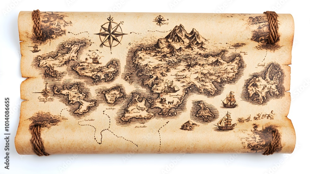 Vintage pirate treasure map rolled out on white background, showcasing ...