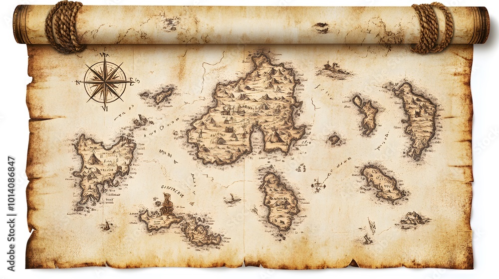 Vintage pirate treasure map rolled out on white background, showcasing ...