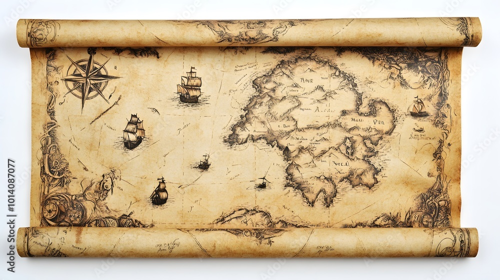 Vintage pirate treasure map rolled out on white background, showcasing ...