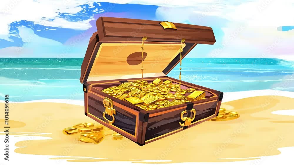 animation chest opening onbeach filled sparkling gold coins beautifully ...