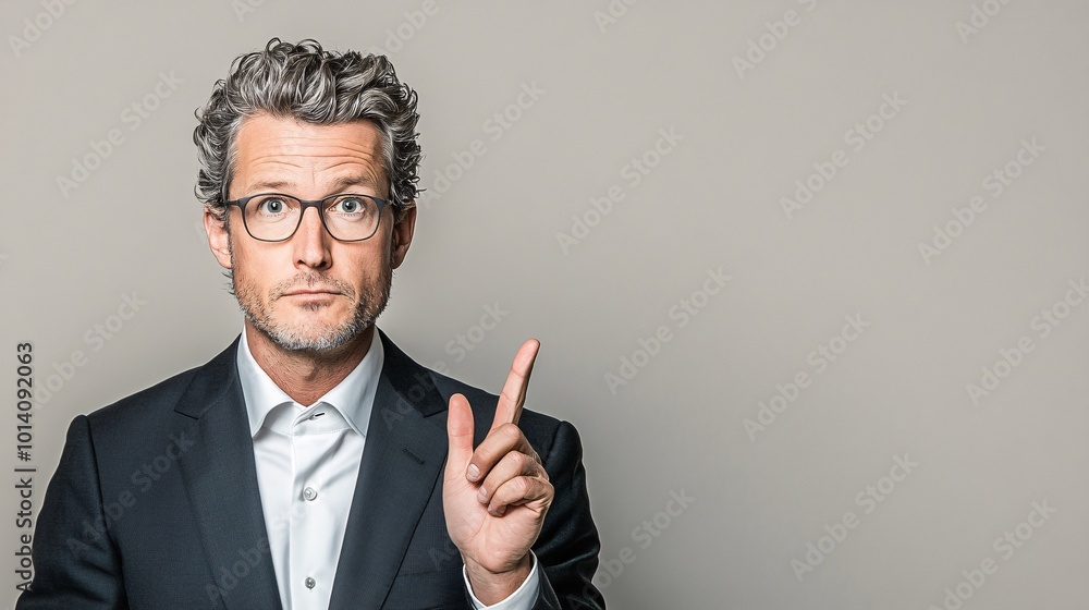 man standing with one hand extended to camera with raise one finger ...