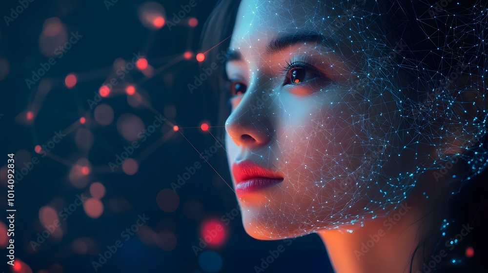 A striking portrayal of a woman's face integrated with futuristic ...