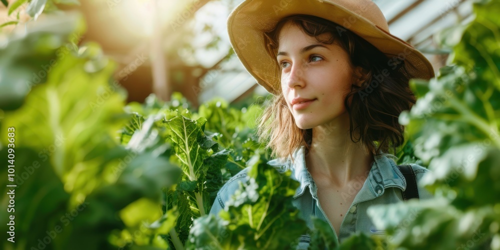 Farmer using a tablet to monitor and inspect plant growth and vegetable ...