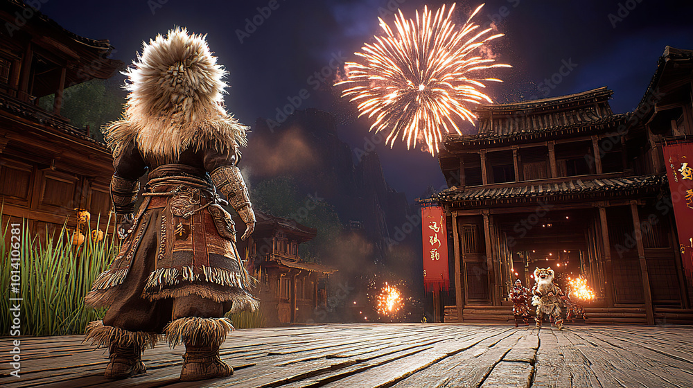 Warrior in fur armor watching fireworks in a medieval village ...