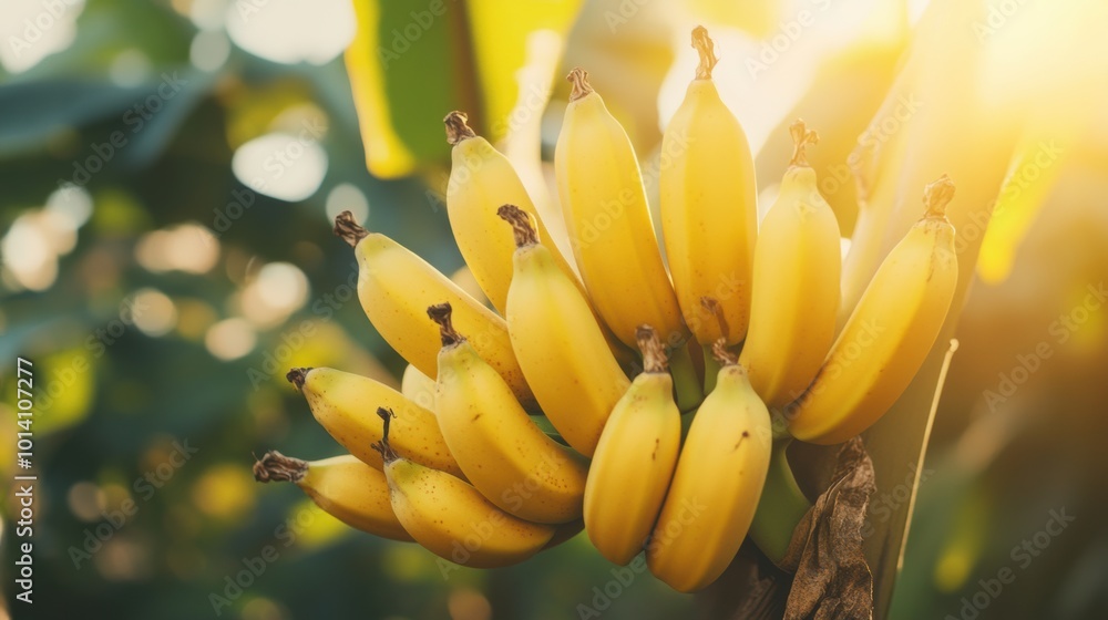Tropical banana tree plants full of a bunch of yellow ripe banana ...
