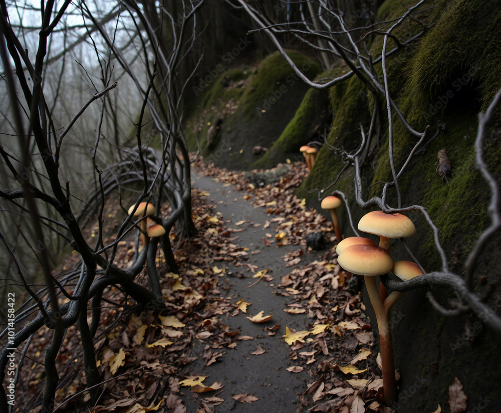 Eerie forest path lined with mushrooms and fallen autumn leaves ...