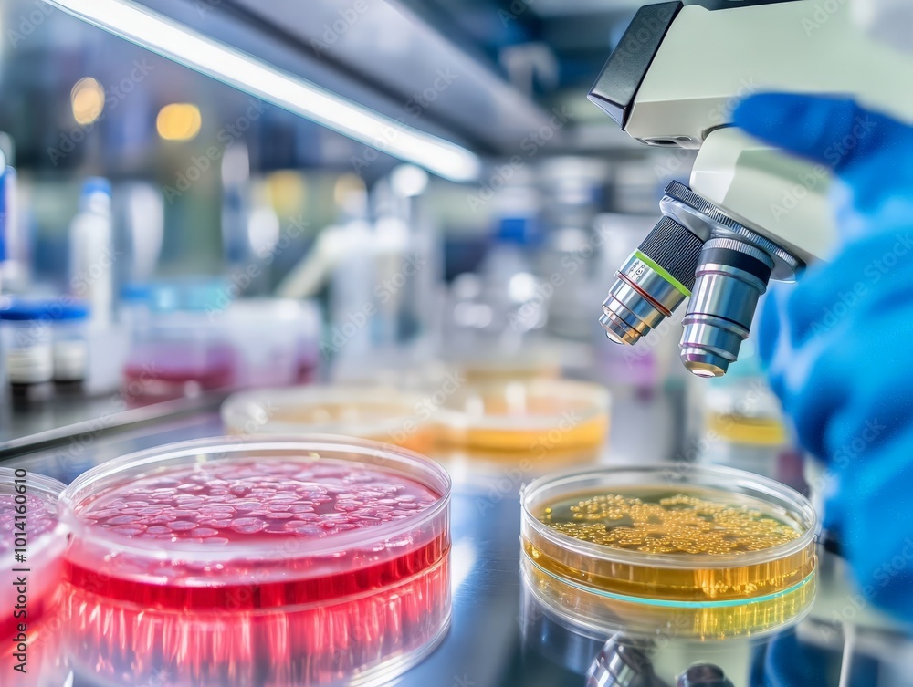 Microbiologists working in a lab, studying microorganisms like E. coli ...