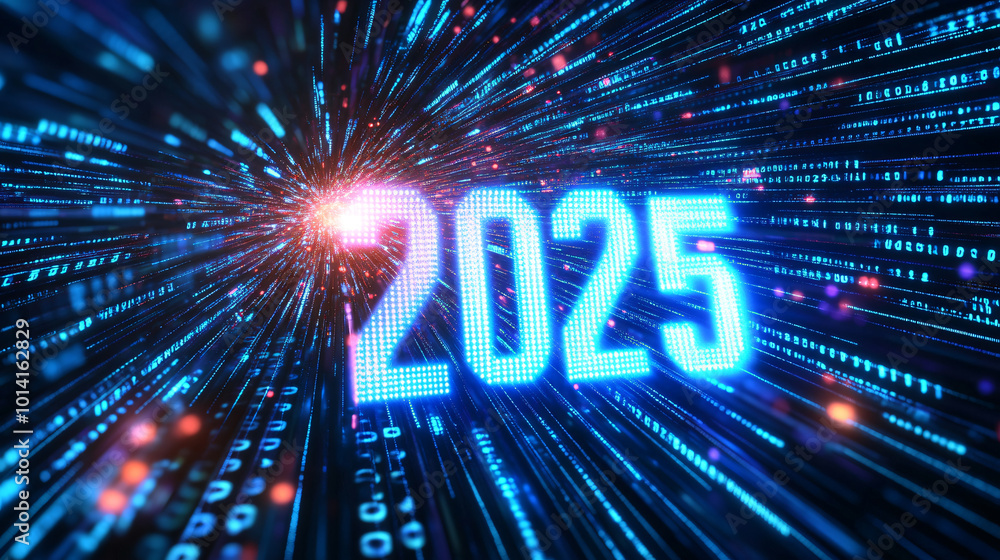 Abstract blue glowing digital 2025 numbers with programing computer ...
