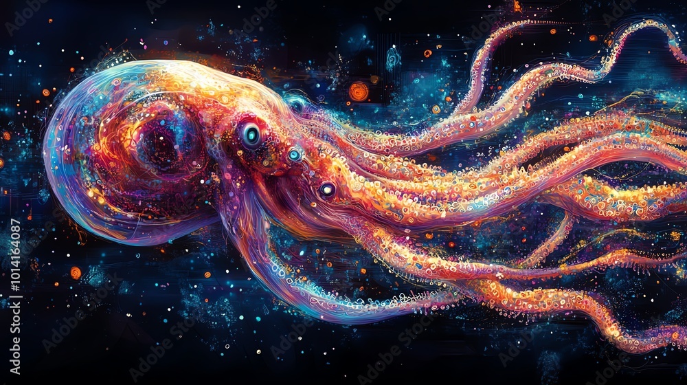 Neural system and brain of a squid illustrated with vibrant colors ...