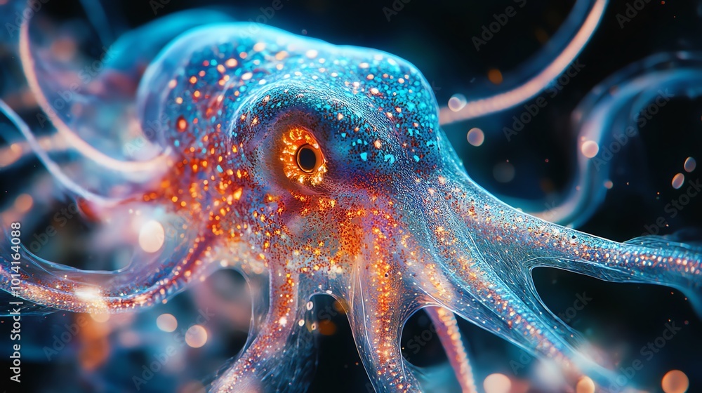 Neural system and brain of a squid illustrated with vibrant colors ...