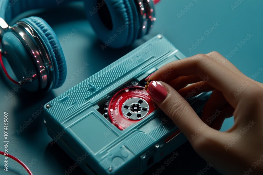 Realistic depiction of a Walkman with cassette tapes, showing a person ...