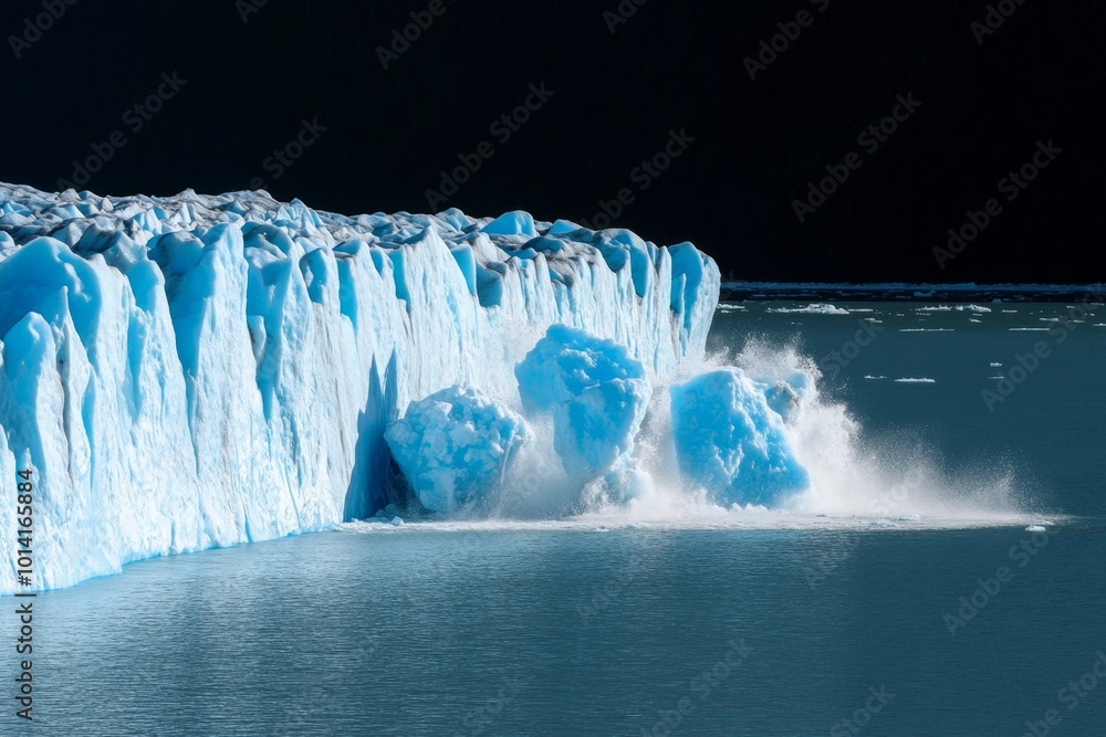 Realistic depiction of a glacier calving into the ocean, with massive ...