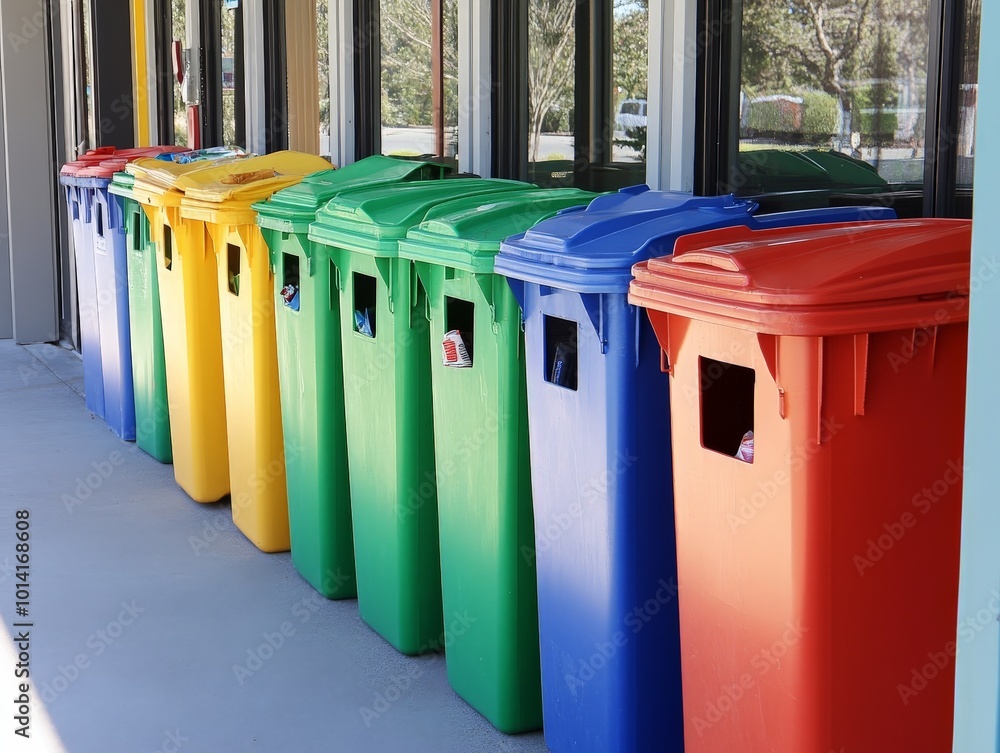 Recycling bins at a school, teaching students to properly dispose of ...