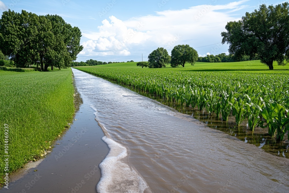 A flooded farmland with ruined crops, showing the devastating impact of ...