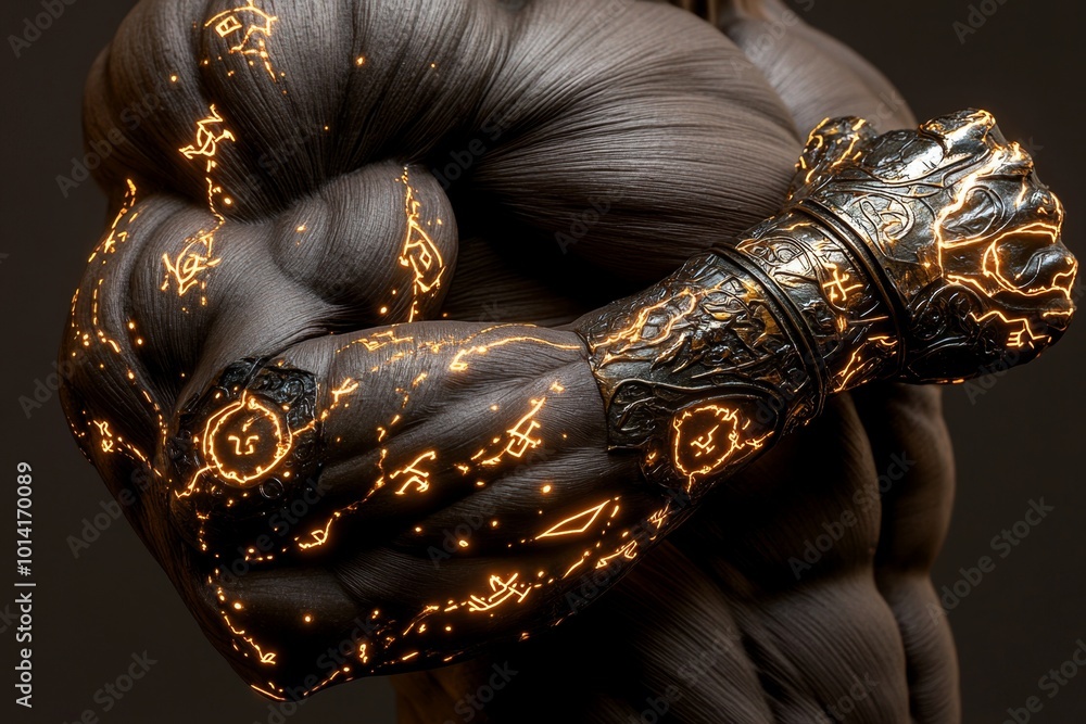 Fantasy-style muscle growth with glowing runes, as the skeletal muscles ...