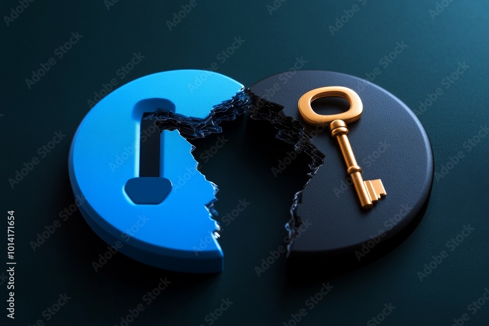 Minimalist lock icon being broken by a phishing attack, showing a key ...