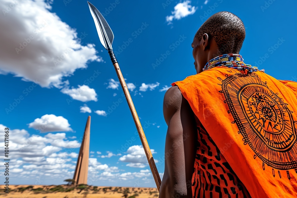A Maasai warrior walking across the savannah, with traditional clothing ...