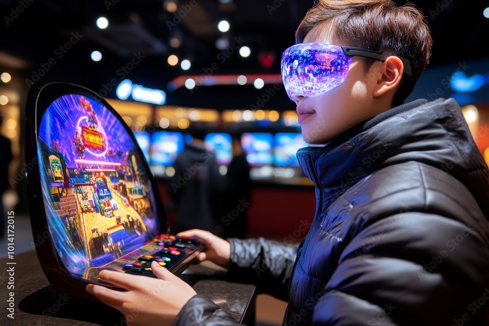 Person using futuristic technology to experience old video games, with ...
