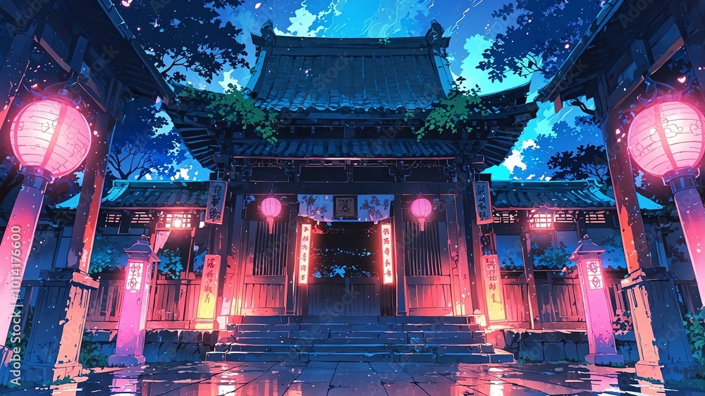 Aesthetic pastel colored anime style temple with a pinch of neon lit ...