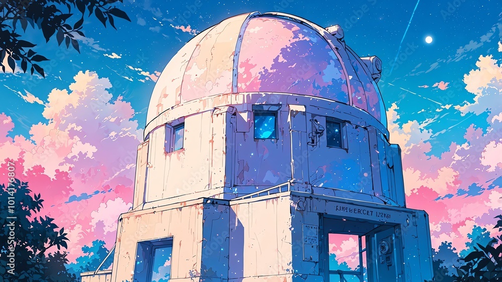 Aesthetic pastel colored anime style observatory with a pinch of neon ...
