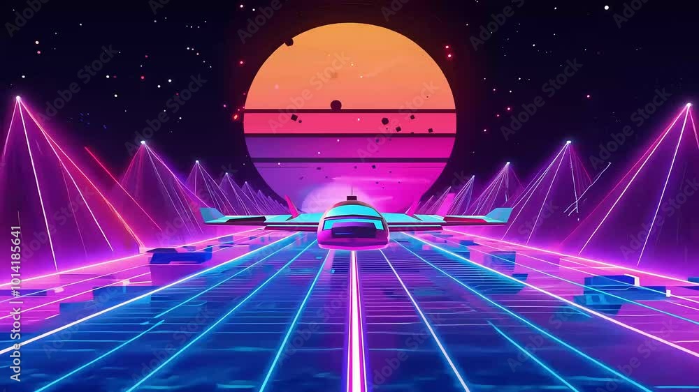 80s retro futuristic cosmic highway seamless loop animation stylized ...