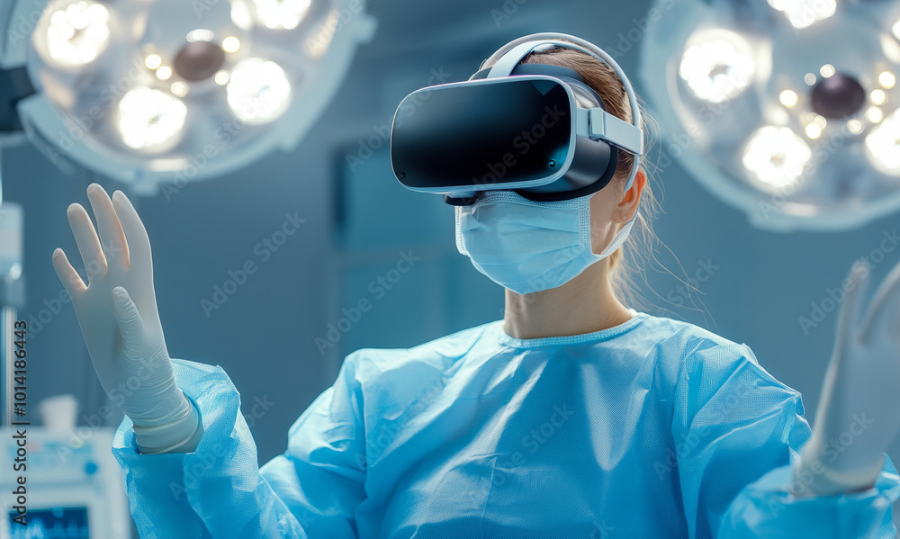 Surgeon in an operating room wearing a VR headset, practicing pre ...