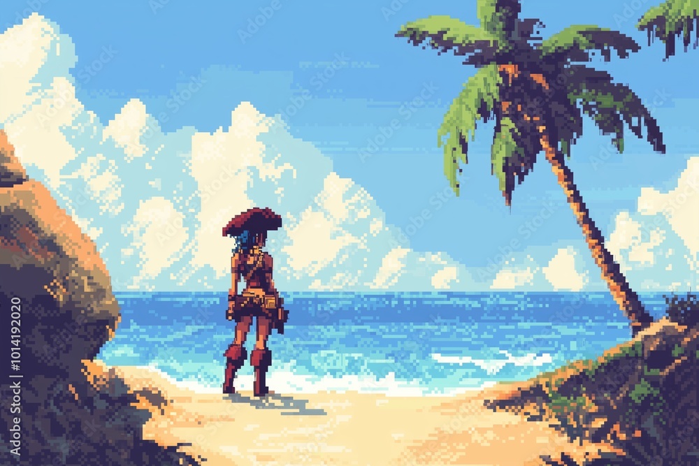Pirate girl on deserted island, 8-bit pixel art video game welcome ...