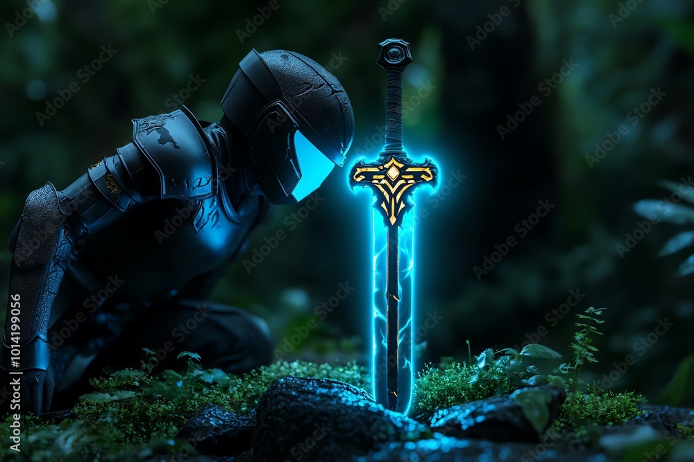 Fantasy knight gazing into a glowing sword, reflecting on battles ...
