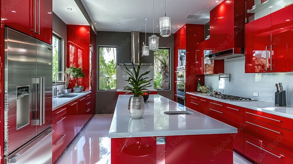 A sleek contemporary kitchen with a bold red color palette, The ...