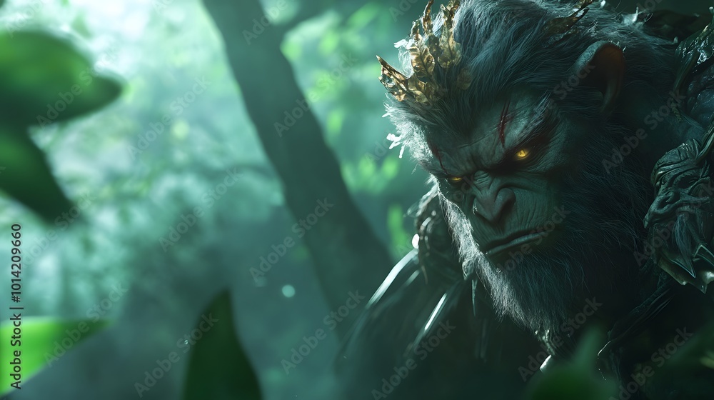 Wukong concealed in the forest with a focused gaze on approaching ...