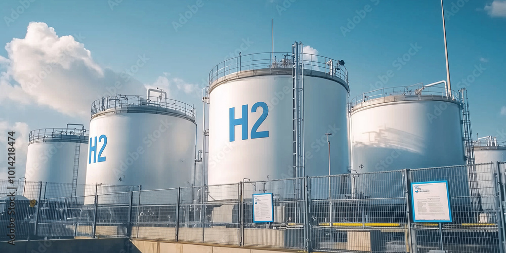 Hydrogen storage tanks marked with H2 at a renewable energy plant, used ...