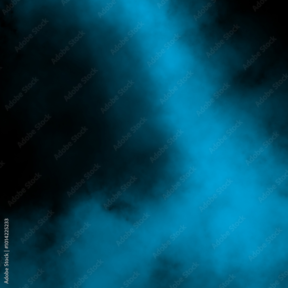 Abstract cyan blue color puffs of smoke swirl overlay on black ...