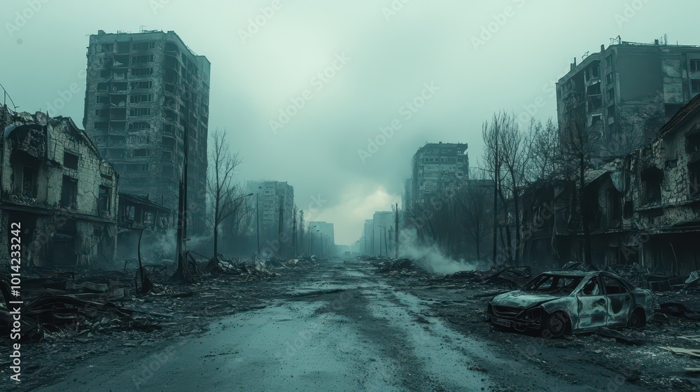 Empty street of burnt up city. Apocalyptic view of city downtown as ...