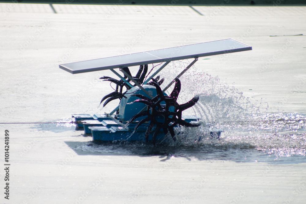 Wastewater treatment using water turbine powered by solar panel Side ...