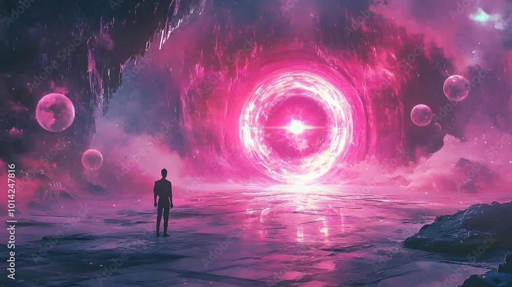 Human figure in front of portal to another dimension, space gate with a ...