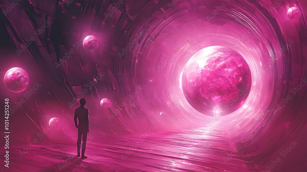 Human figure in front of portal to another dimension, space gate with a ...