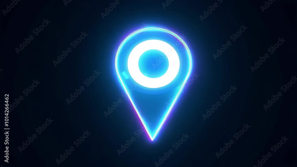 glowing blue neon location icon representingmap pin symbol onblack ...