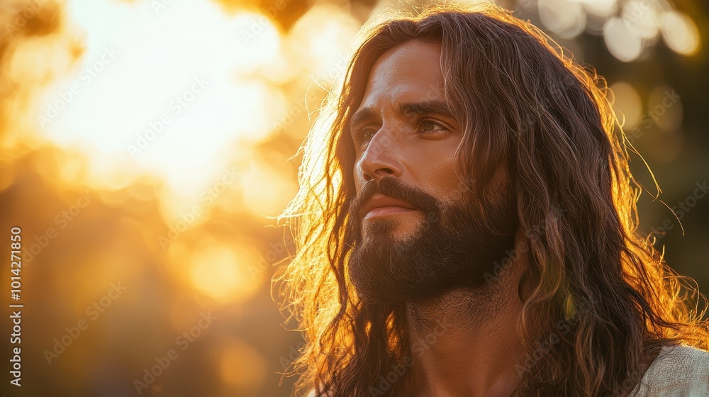 Jesus Christ with long hair and beard stands under soft light outdoors ...