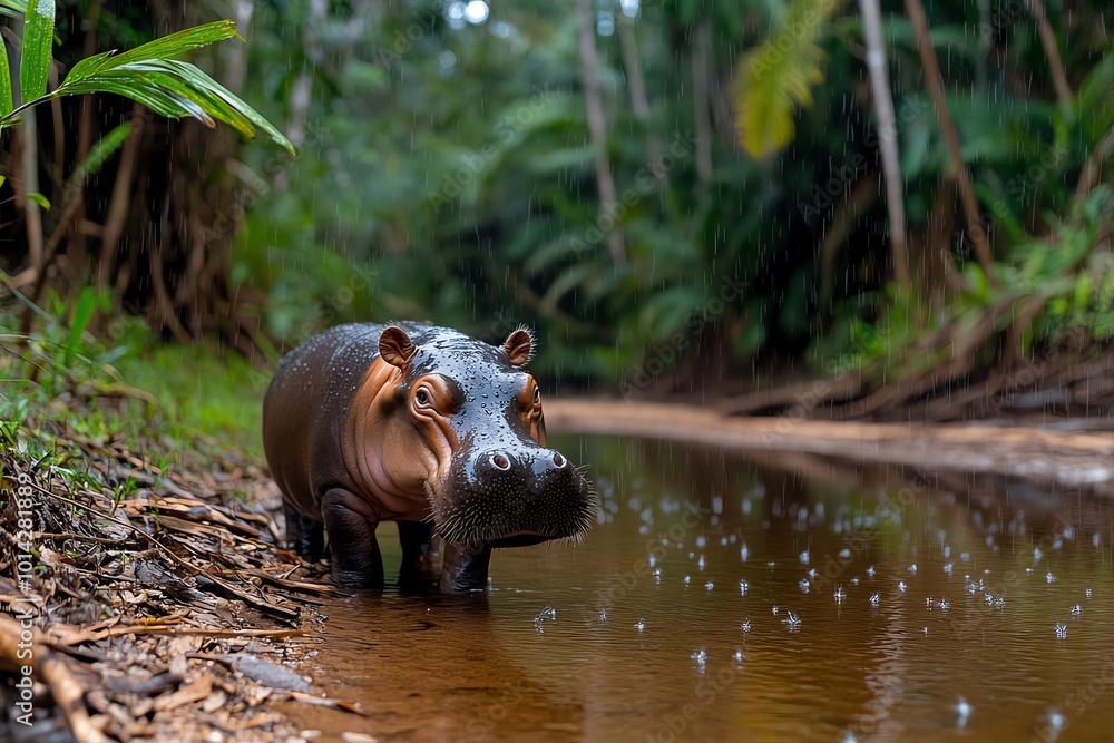 Pygmy Hippopotamus in a gentle rain, standing by a forest stream, with ...
