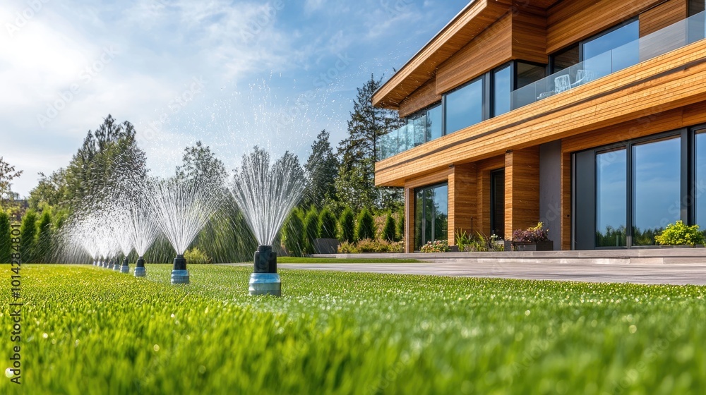 Automatic sprinkler system watering a lush green lawn in front of a ...
