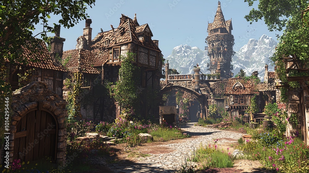 Charming fantasy village with ancient architecture, cobblestone path ...