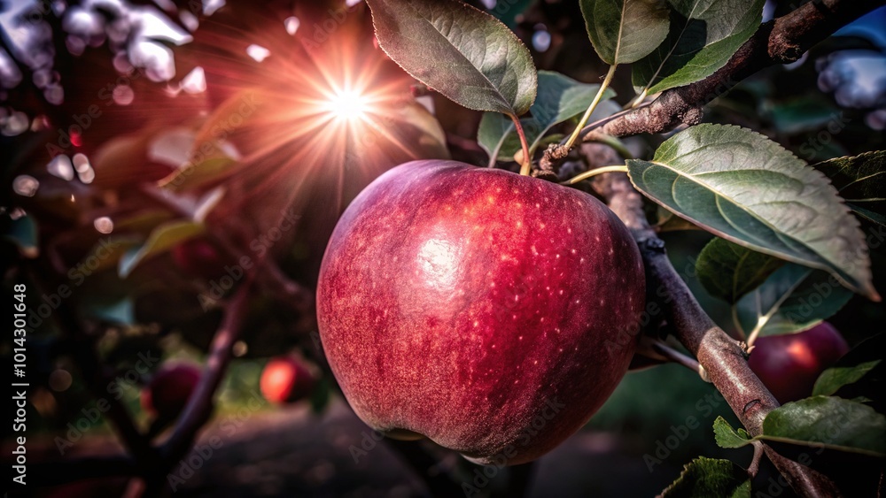 A radiant red apple dangles from a lush apple tree, illuminated by ...
