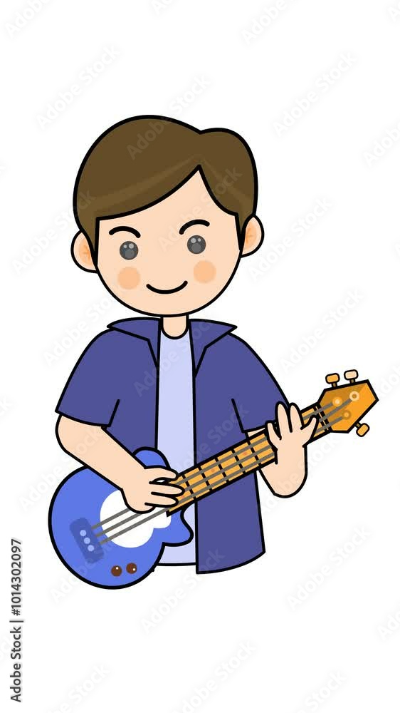 Boy plays electric bass guitar in cartoon animation with a transparent ...