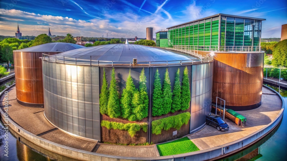 Bird's-eye view of an expansive rainwater tank beside a metallic ...