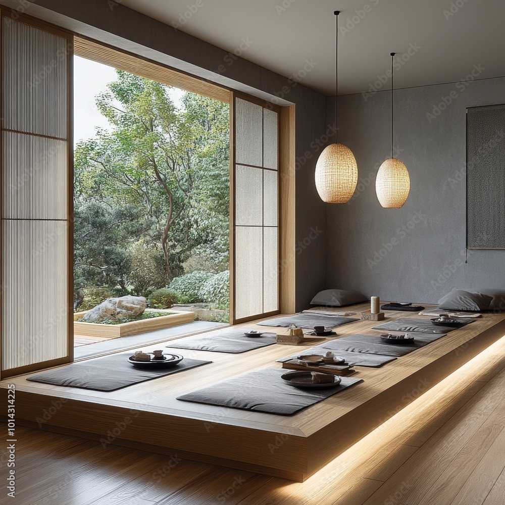 Japanese Tea Room Interior Design With Wooden Floor And Tatami Mat ...