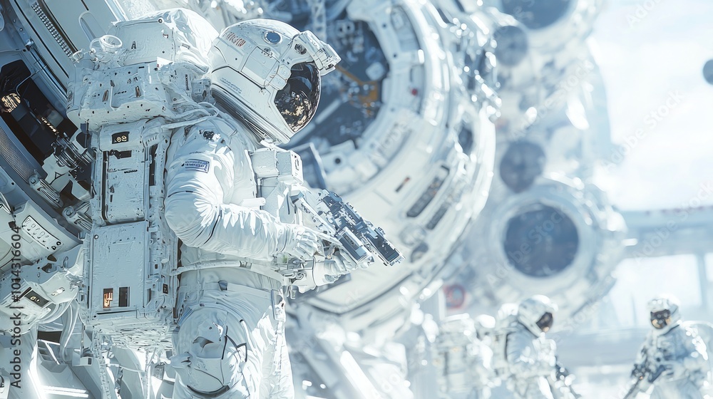Futuristic Space Station Repair: Ray Tracing Scene with Astronauts in ...